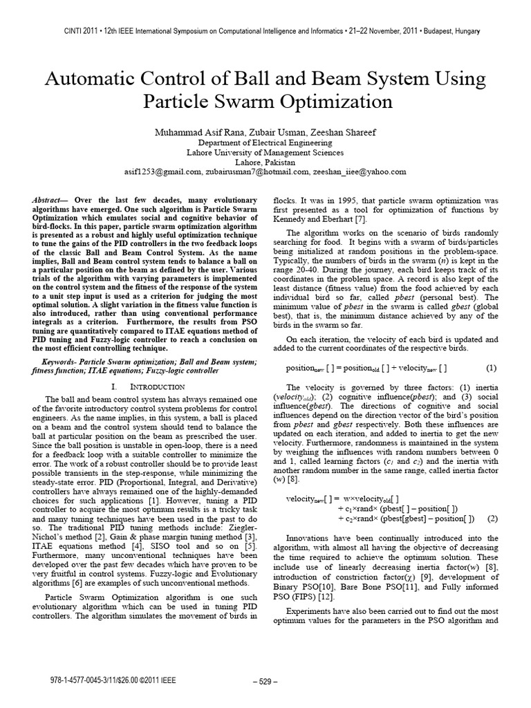 Automatic Control of Ball and Beam System Using Particle Swarm Optimization | PDF | Mathematical ...