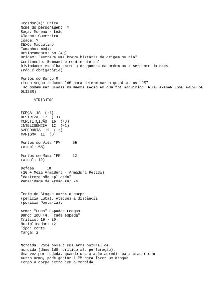 Ficha Do (Chico) - RPG Relíquias Do Caos - A Jornada Arquivo de Texto | PDF
