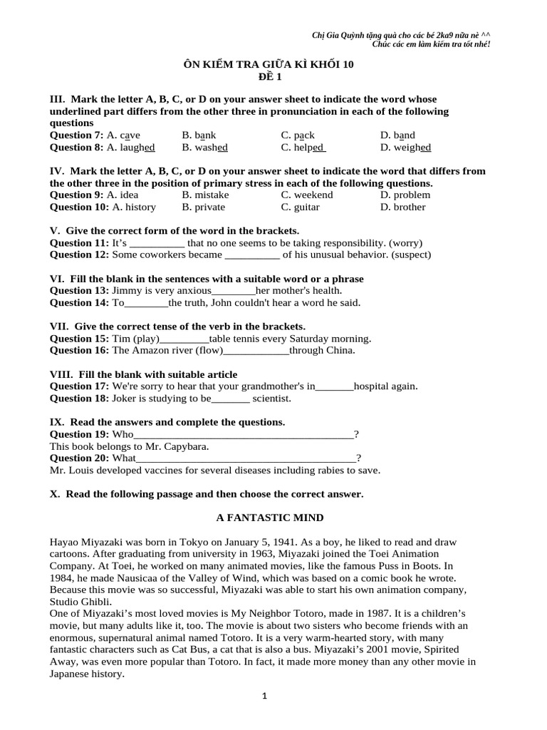 ĐỀ 1- ÔN KTGK 10 | PDF | Art