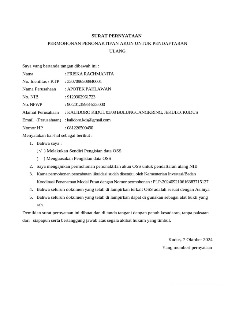 Surat Pernyataan Penghapusan Akun Oss | PDF
