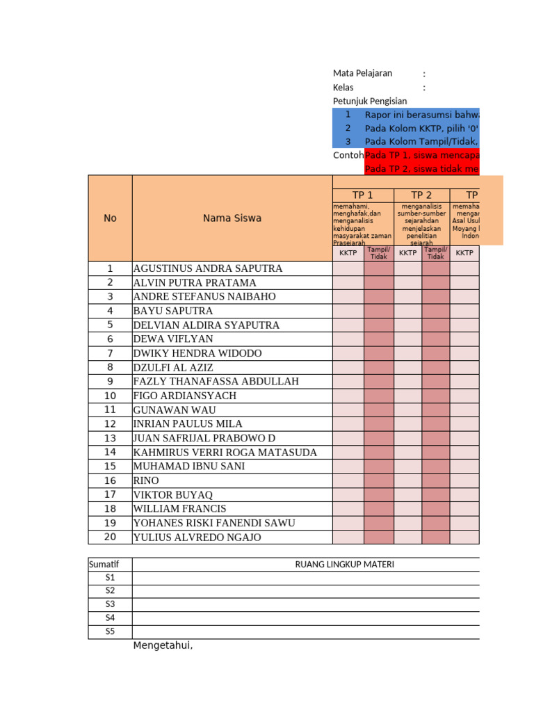Format Nilai Asesmen Formatif Kls X Dan Xi (Deskripsi) Kls X TP 2022 ...