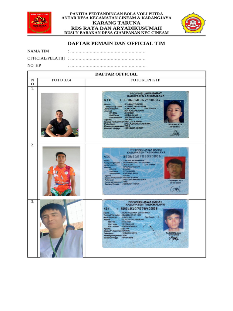 Formulir Daftar Pemain Dan Official Tim | PDF | Politik | Olahraga & Rekreasi