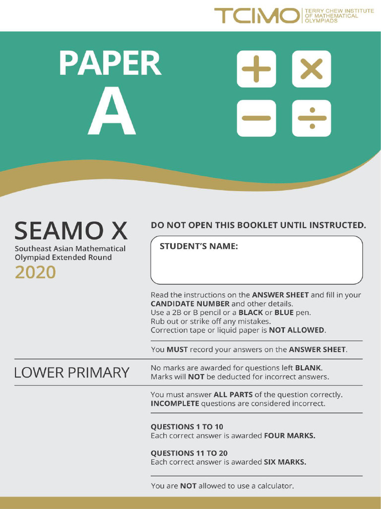 Đề thi thử SEAMO X PAPER A 2020 (Quốc tế) | PDF | Mathematical Concepts ...