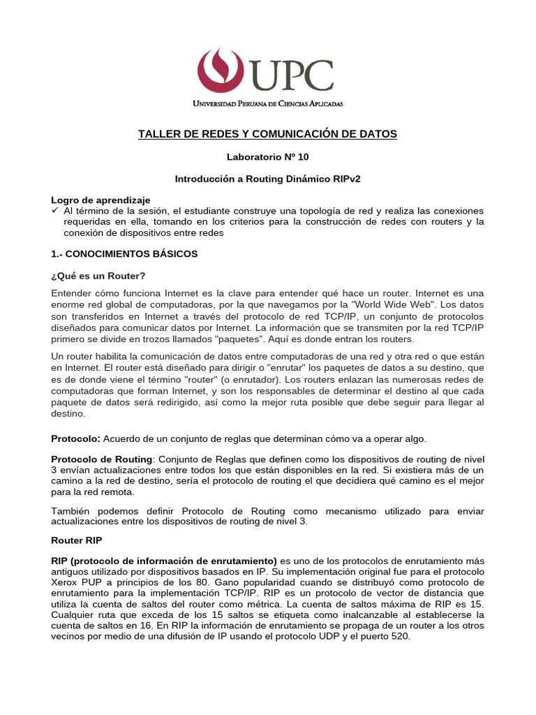 2024-1 Laboratorio No 10 - Routing Dinámico RIPv2 | PDF | Enrutador (Computación) | Red de ...
