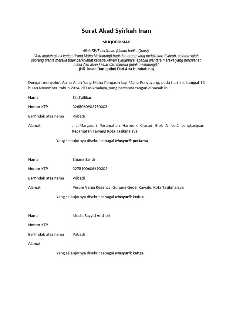 SURAT AKAD Syirkah Inan | PDF | Bisnis