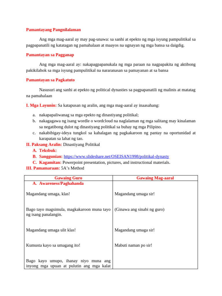 5as Lesson Plan Dinastiyang Politikal | PDF