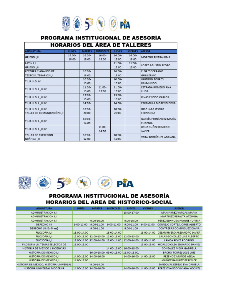 Horarios PIA 22 Mayo-2 Junio | PDF