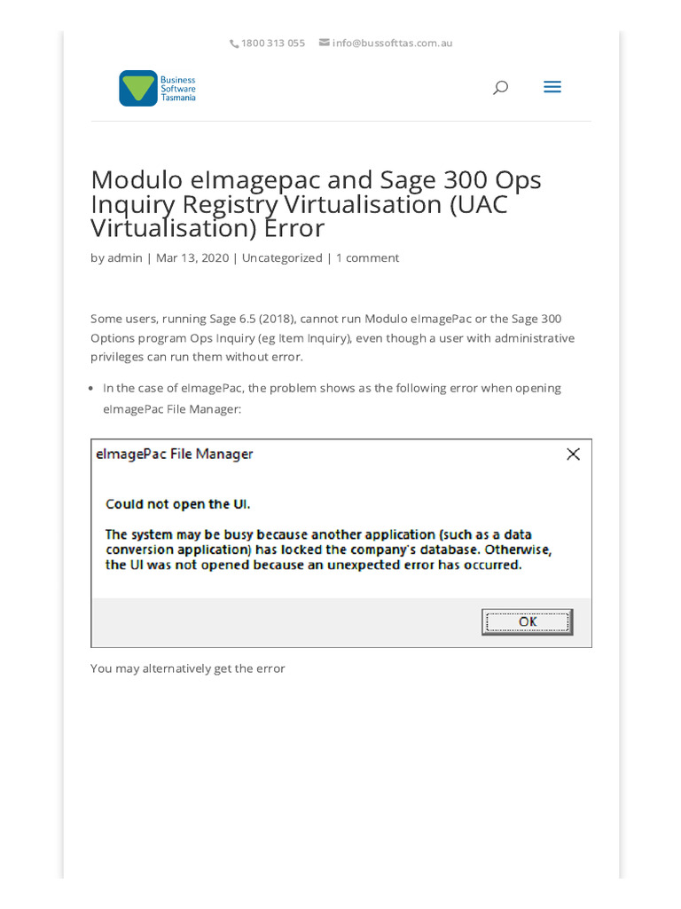 Modulo Eimagepac and Sage 300 Ops Inquiry Registry Virtualisation (UAC Virtualisation) Error ...