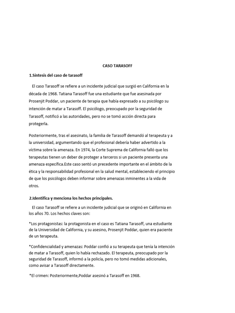 Caso Tarasoff: Ética y Responsabilidad en Psicología | PDF | Psicólogo ...