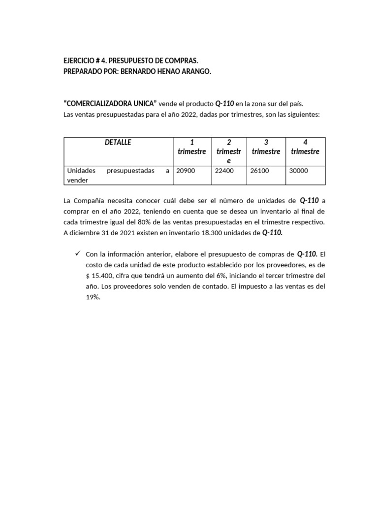 Ejercicio # 4. Presupuesto de Compras | PDF | Finanzas y dinero
