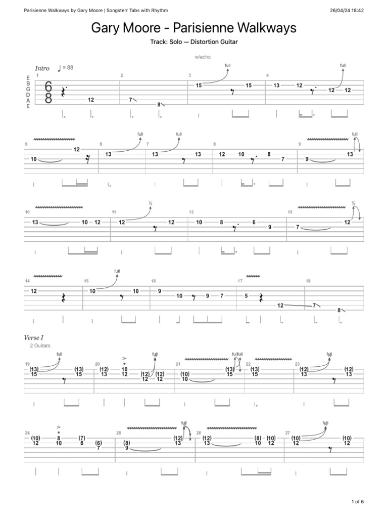 Gary Moore - Parisienne Walkways (Distortion Guitar Tab From Songsterr ...
