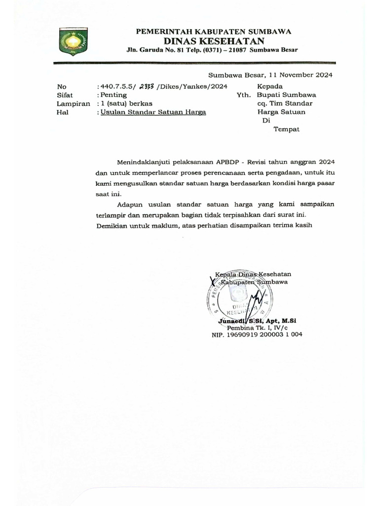 Surat Usulan Standar Satuan Harga | PDF