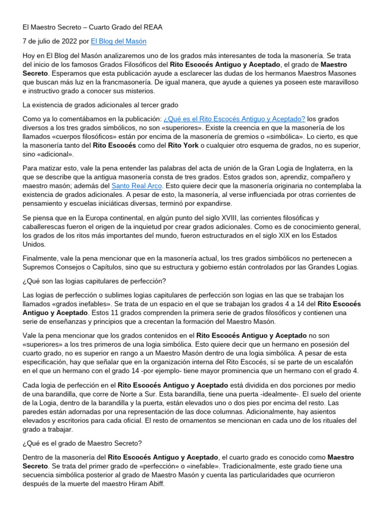El Maestro Secreto - 4° Grado Del REAA | PDF | Masonería | Esoterismo occidental