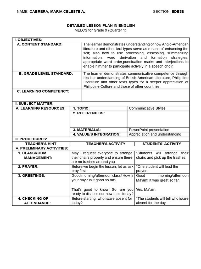 Detailed Lesson Plan In English Grade 9 Michelle Lesson