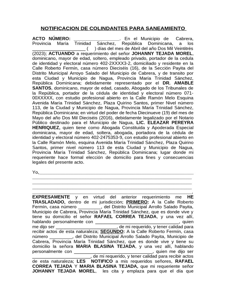 Notificacion de Colindantes para Saneamiento - Johanny Tejada Morel ...