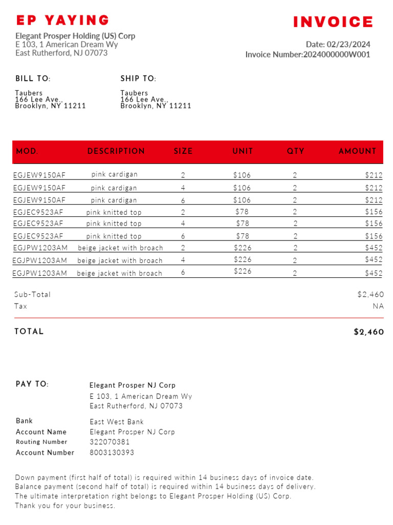 Invoice for Elegant Prosper NJ Corp | PDF