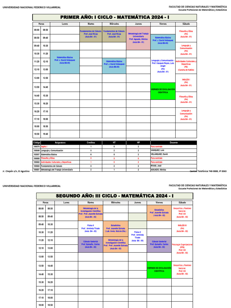 Horario de Clases Matemáticas 2024-I | PDF | Matemáticas | Science