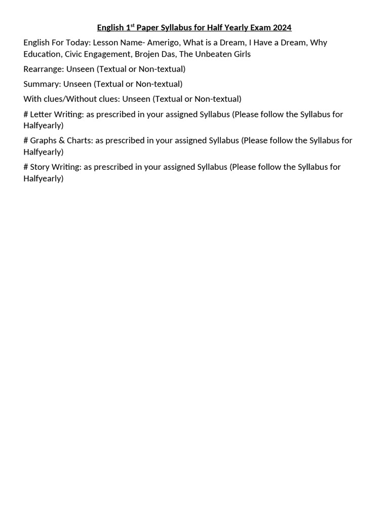 English 1st Paper Syllabus For Half Yearly Exam 2024 115632 | PDF English 1st Paper Syllabus For Half Yearly Exam 2024 115632 | PDF
