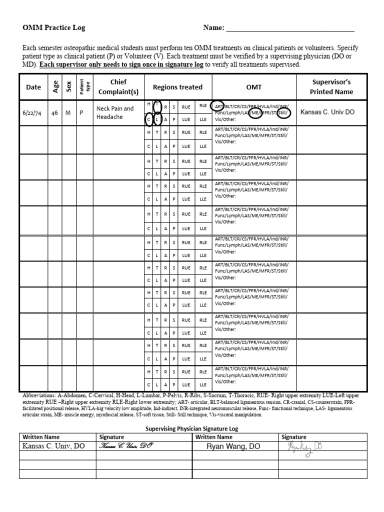 OMM Practice Log (Blank) copy | PDF | Health Care | Medical Specialties