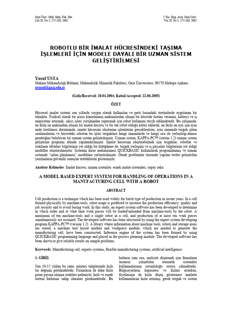ROBOTLU BİR İMALAT HÜCRESİNDEKİ TAŞIMA İŞLEMLERİ İÇİN MODELE DAYALI BİR ...
