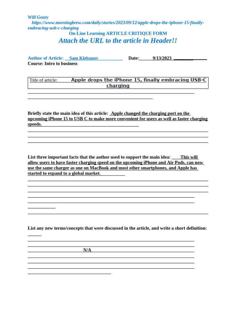 ARTICLE CRITIQUE FORM On-Line Learning Oct. | PDF