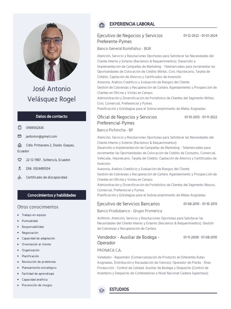 Hoja de Vida José Antonio Velásquez Rogel | PDF | Planificación | Bancos