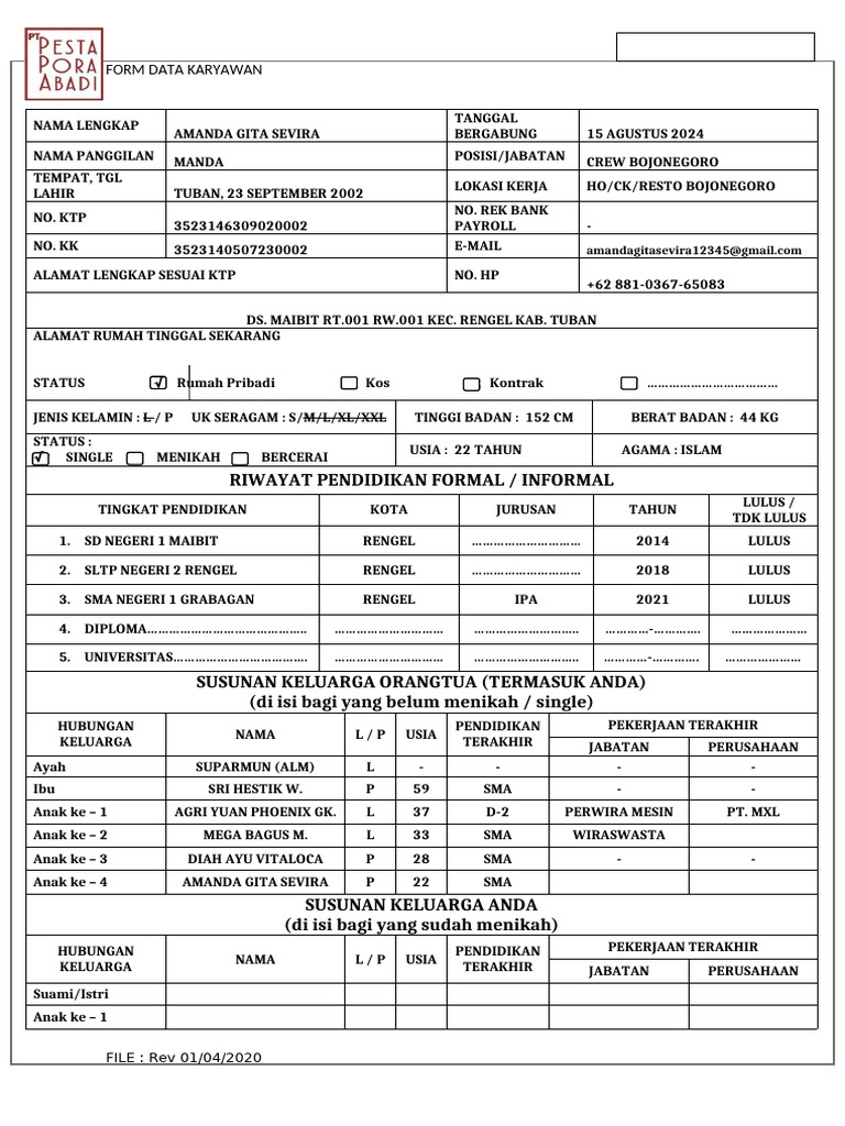 Data Karyawan Amanda Gita Sevira | PDF
