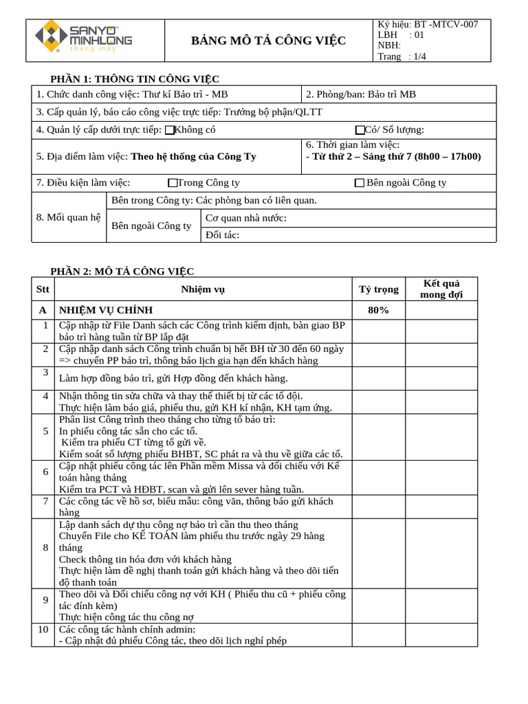 MTCV Thư ký bảo trì MB | PDF