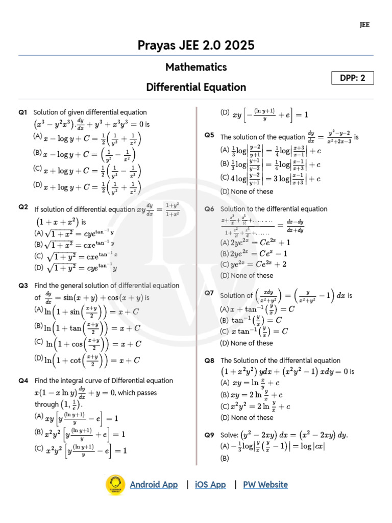 Differential Equation DPP 02 of Lec 03 Prayas JEE 2 0 2025 | PDF | Mathematical Physics | Geometry