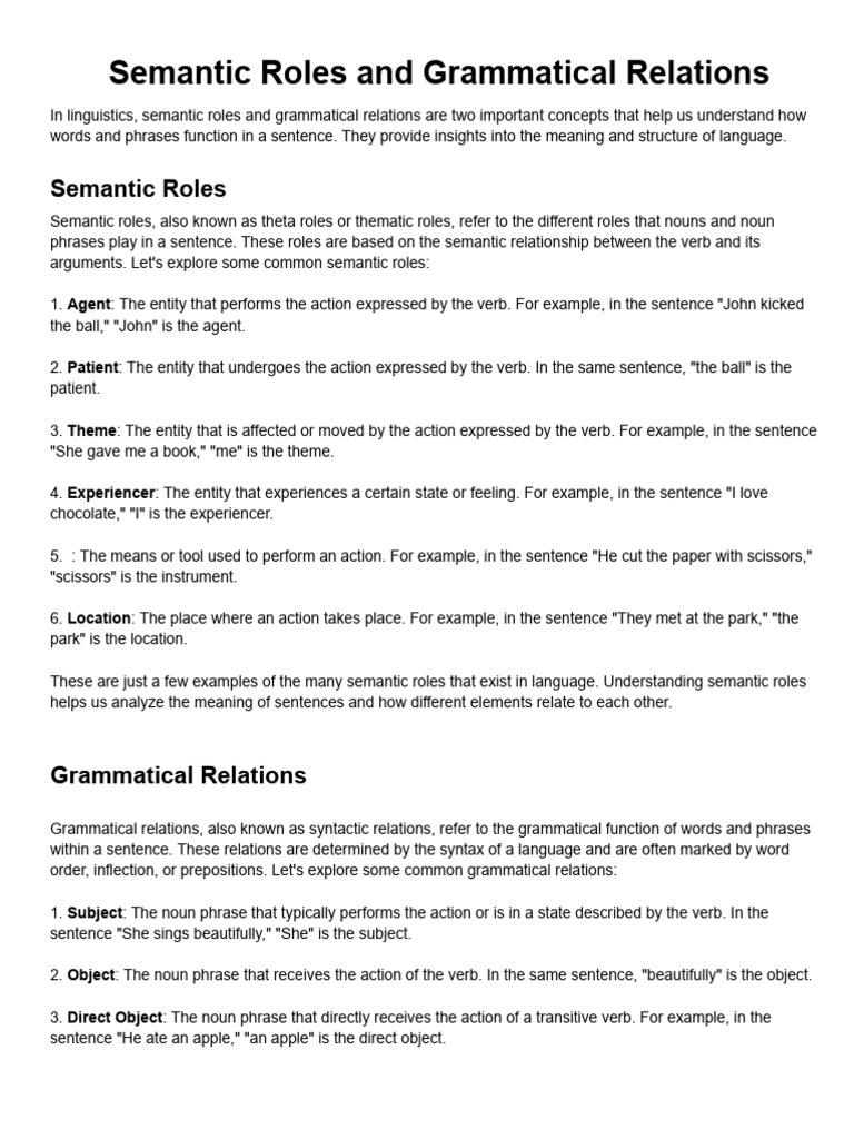 Semantic Roles and Grammatical Relations | PDF | Verb | Phrase