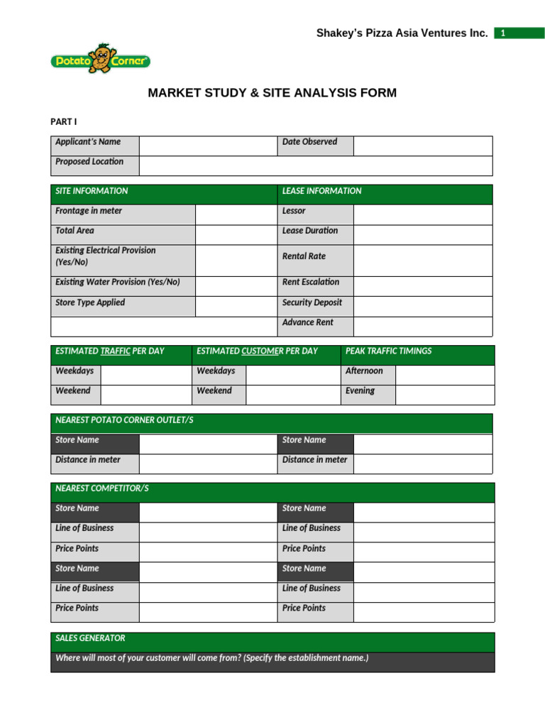 Potato Corner Market Study Site Analysis Form | PDF | Franchising