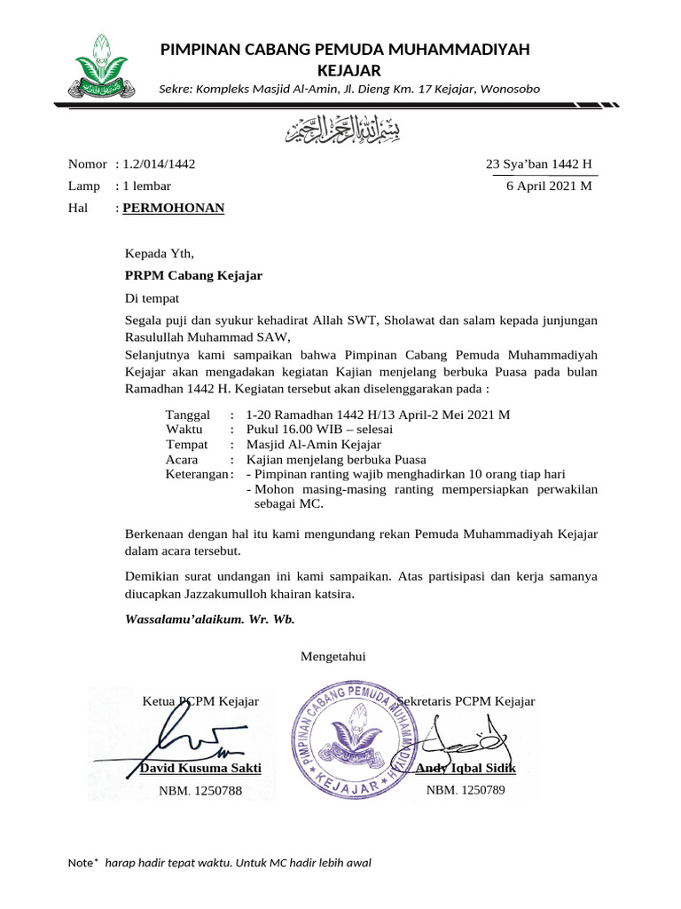 Surat Permohonan Peserta Kajian Ranting | PDF