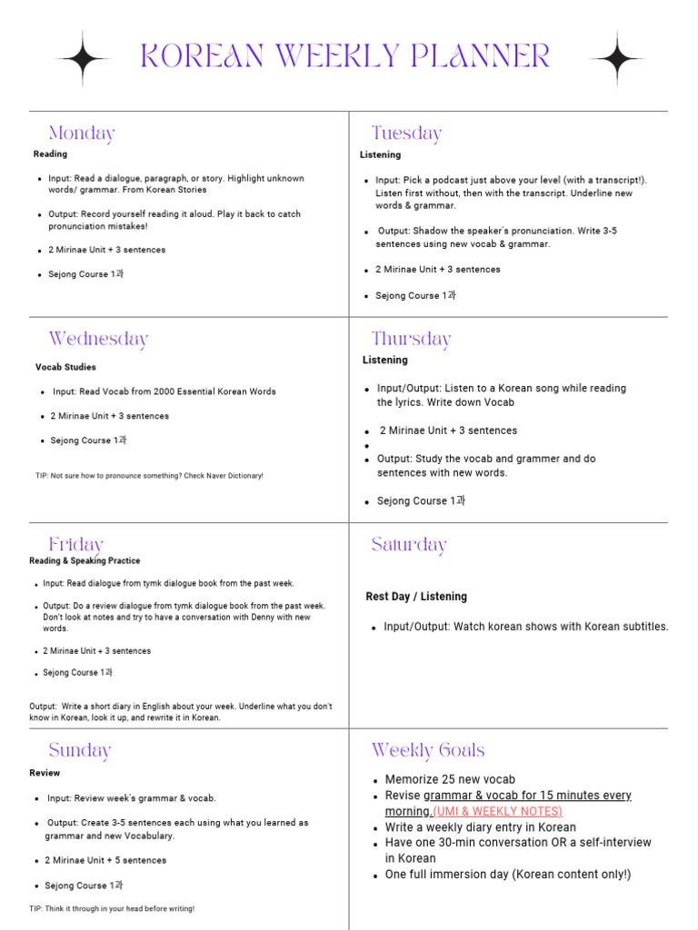 Korean Weekly Planner | PDF | Vocabulary | Korean Language