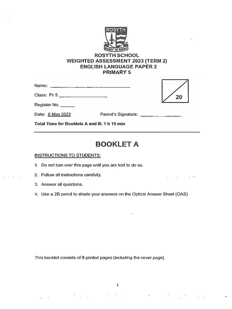 P5 English WA2 2023 Rosyth Exam Papers | PDF