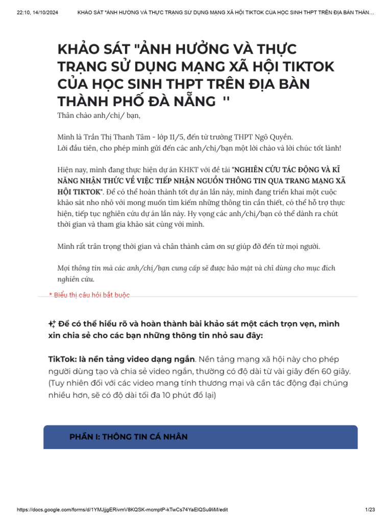 KHKT - FORM KHẢO SÁT HỌC SINH - Google Biểu mẫu | PDF