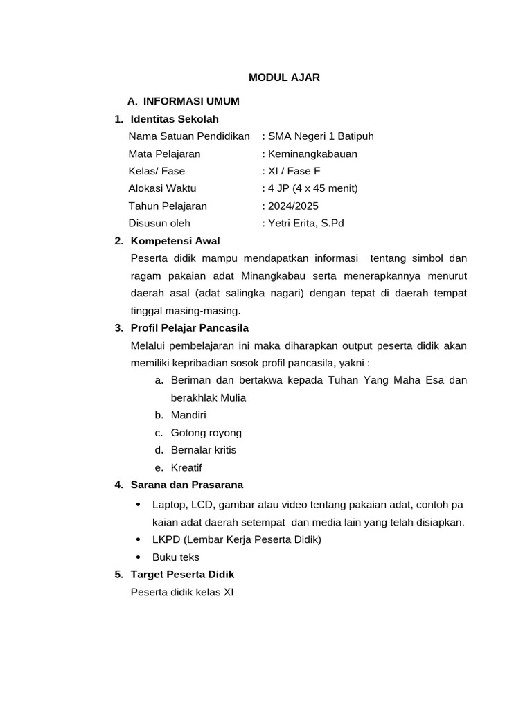 Modul Ajar Keminangkabauan XI Yetri Erita | PDF | Karier & Perkembangan | Kajian Bahasa Asing