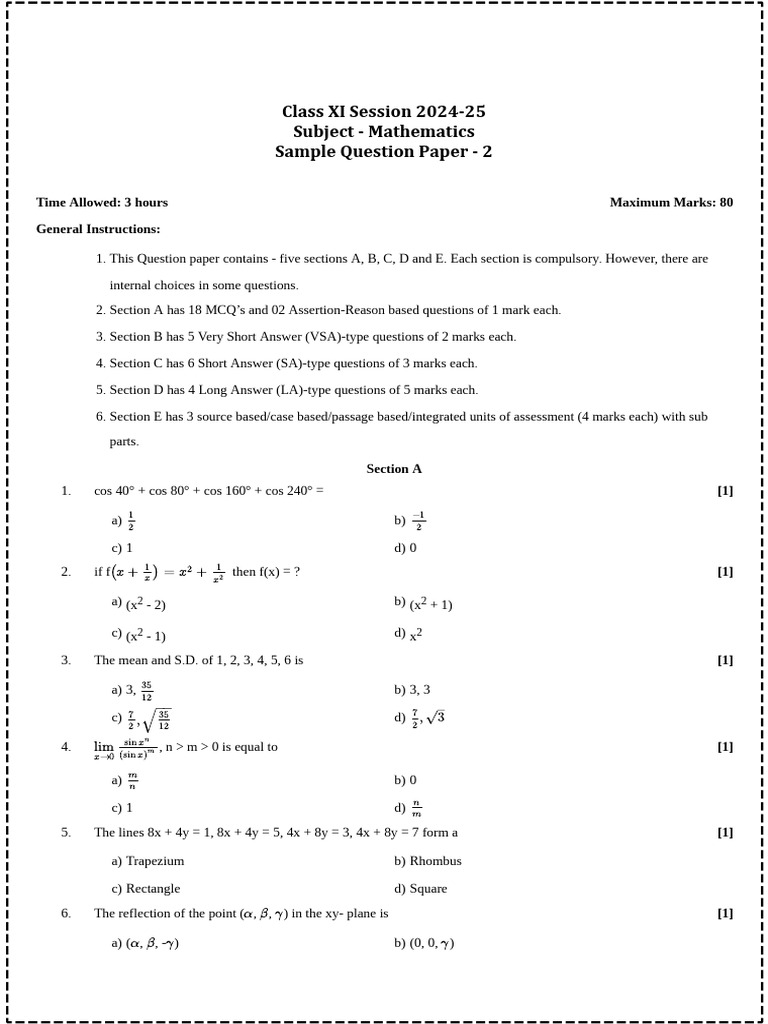Mathematics Sample Question Paper 2024 | PDF | Numbers | Inequality ...