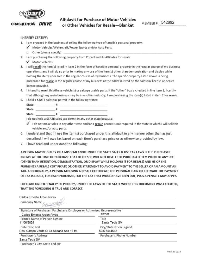 Affidavit For Purchase of Motor Vehicles | PDF | Reseller | Sales Taxes ...