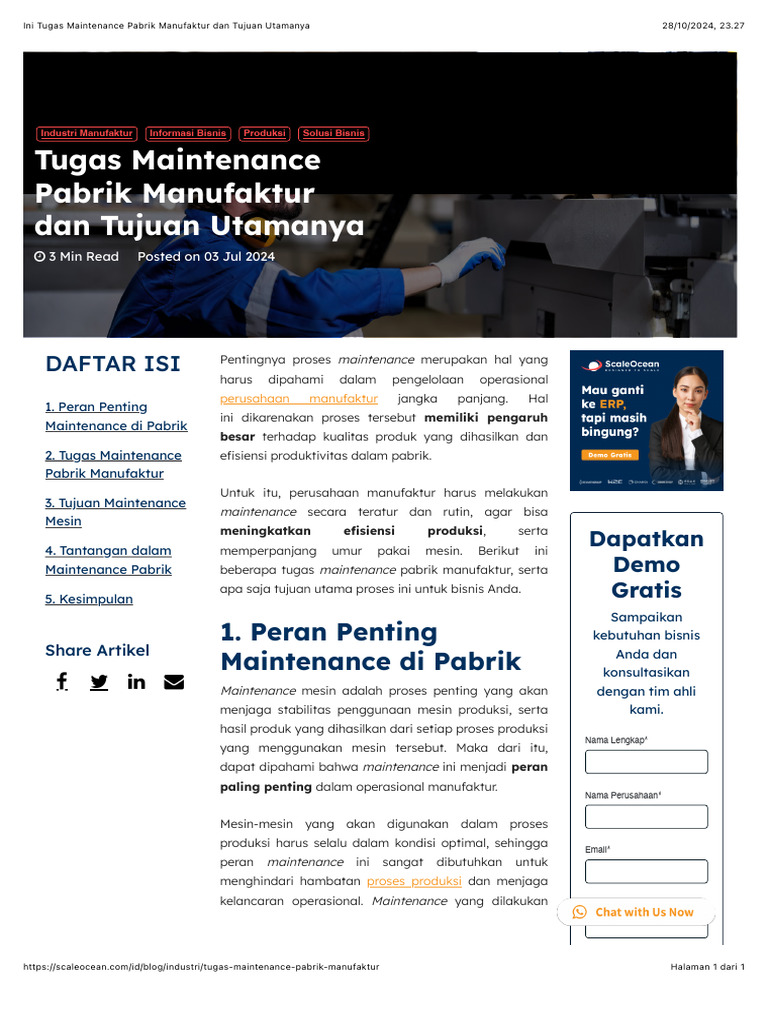 Ini Tugas Maintenance Pabrik Manufaktur Dan Tujuan Utamanya | PDF
