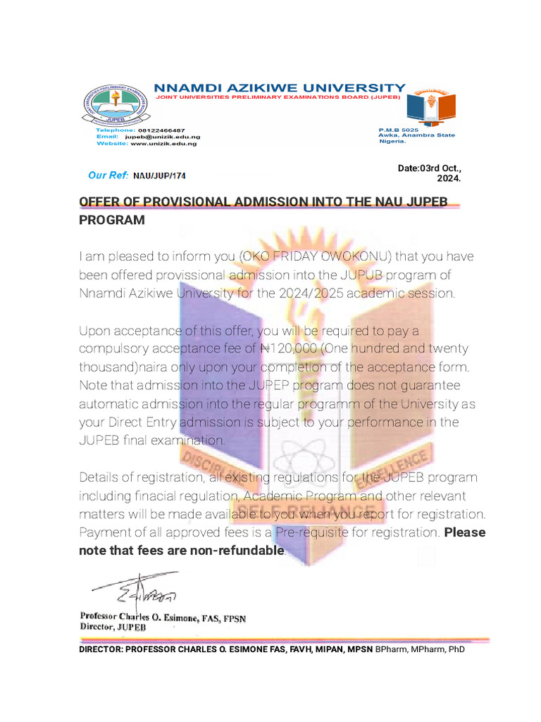 Provisional Admission to NAU JUPEB Program | PDF