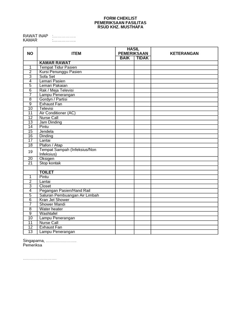 Form Cheklist Rawat Inap (Kamar) | PDF