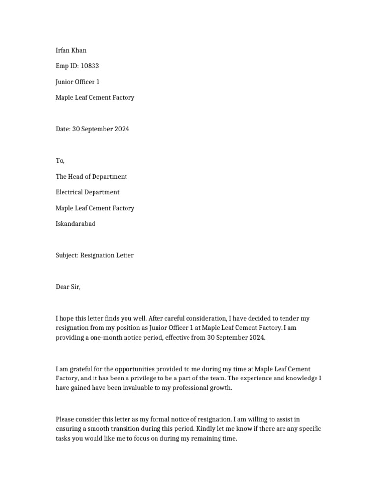 Irfan Khan Resignation Letter With HOD Signature | PDF | Business ...
