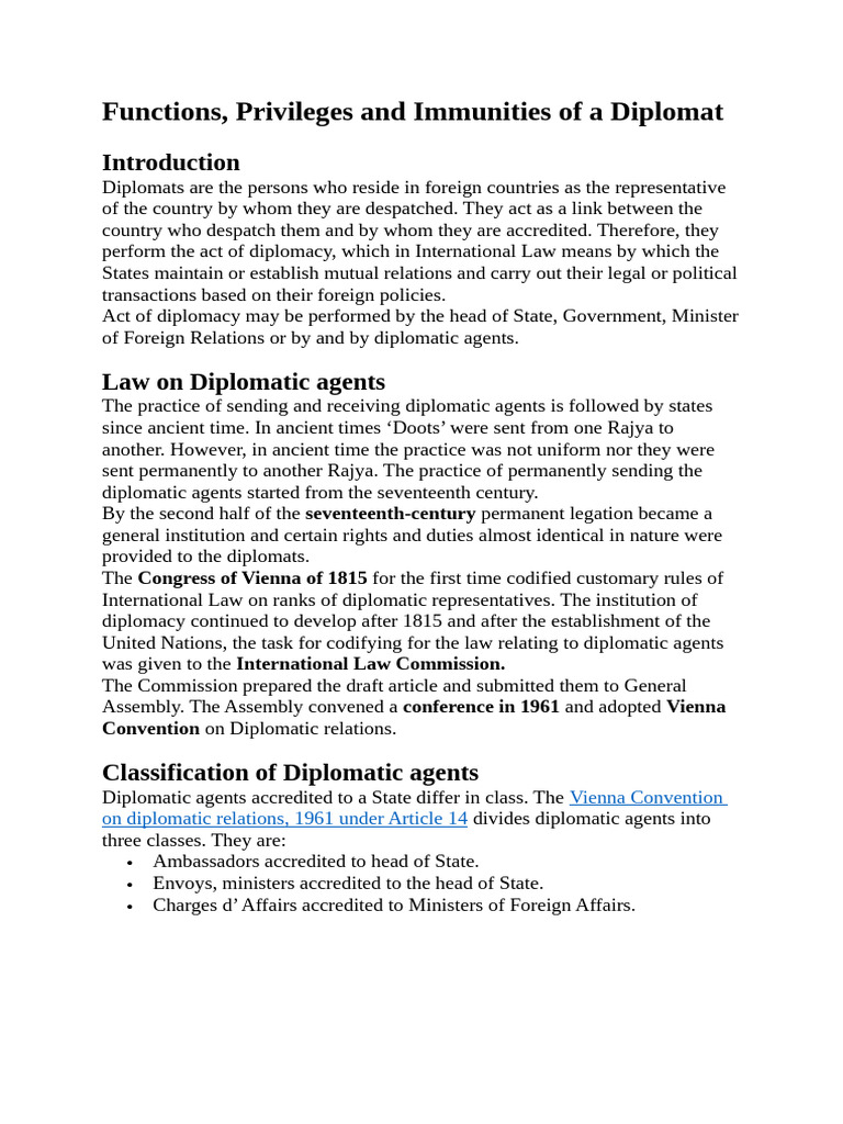 Functions. Privileges and Immunities of A Diplomat | PDF | Diplomacy ...