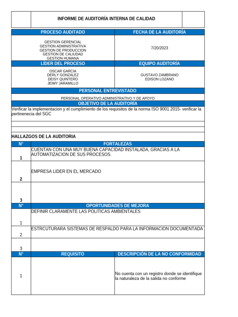 Informe de Auditoría Interna | PDF | Auditoría | Business