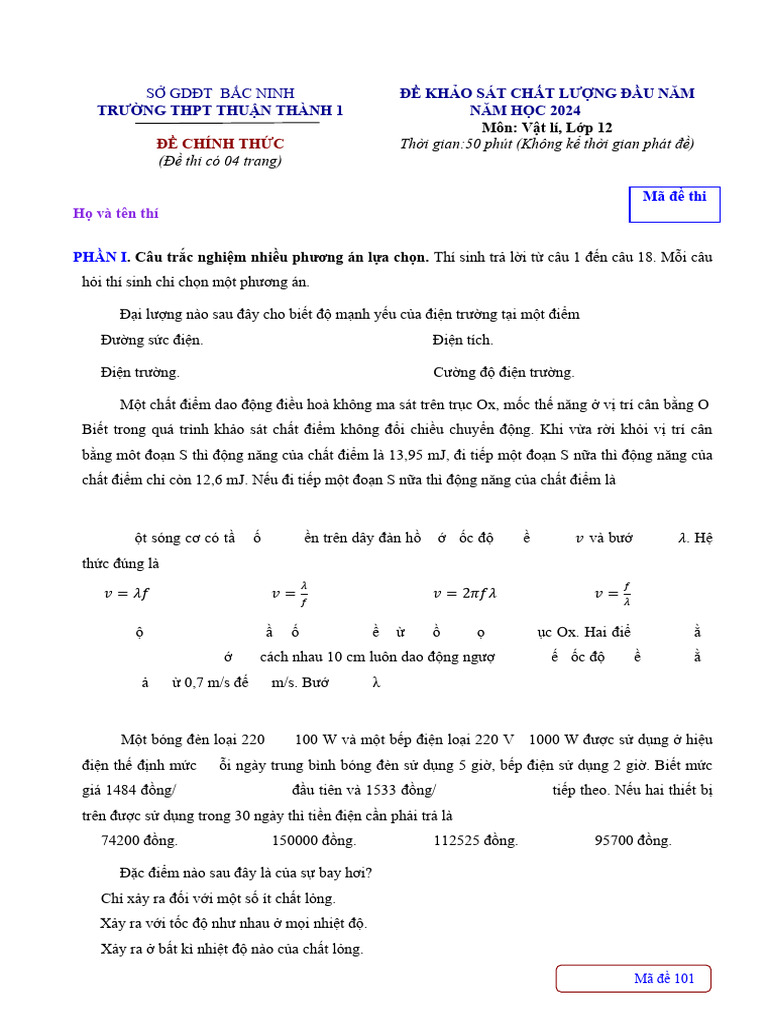 De Khao Sat Vat Li 12 Dau Nam Hoc 2024 2025 Truong THPT Thuan Thanh 1 Bac Ninh | PDF