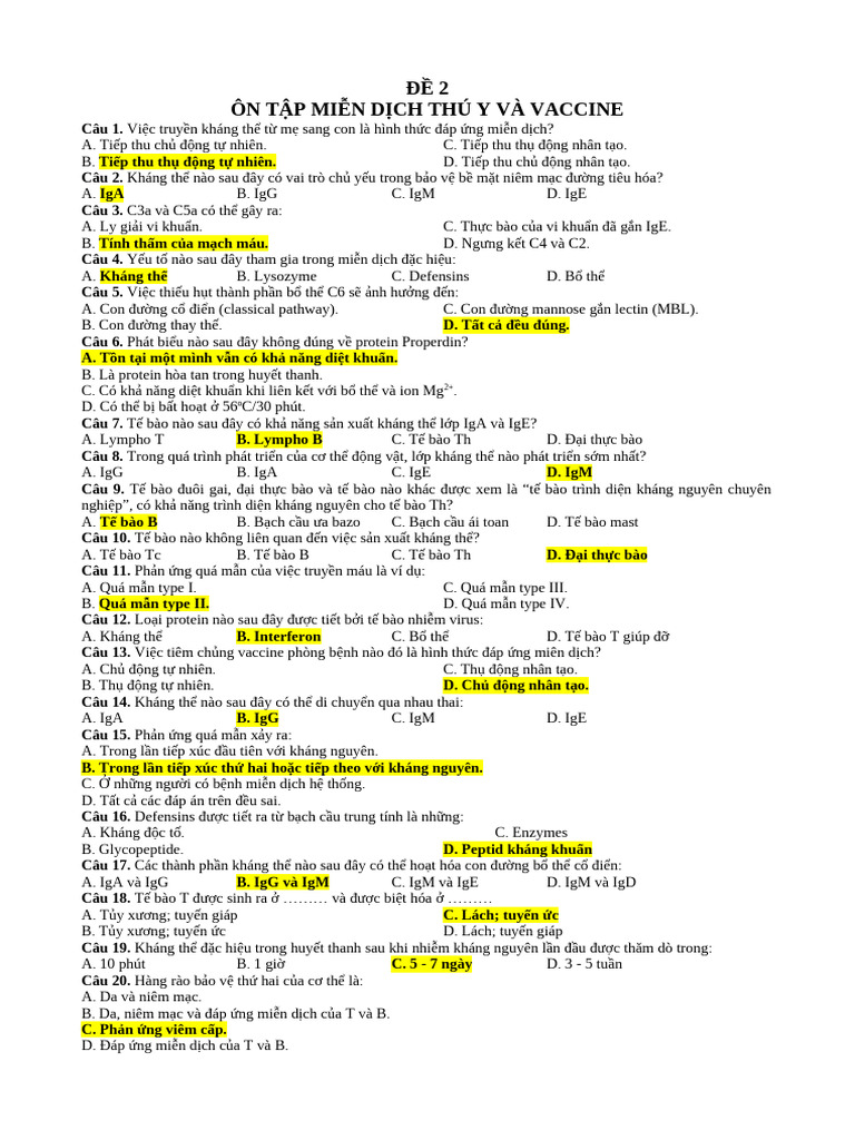 ĐÁP ÁN ĐỀ 2 - ÔN TẬP MIỄN DỊCH THÚ Y VÀ VACCINE | PDF