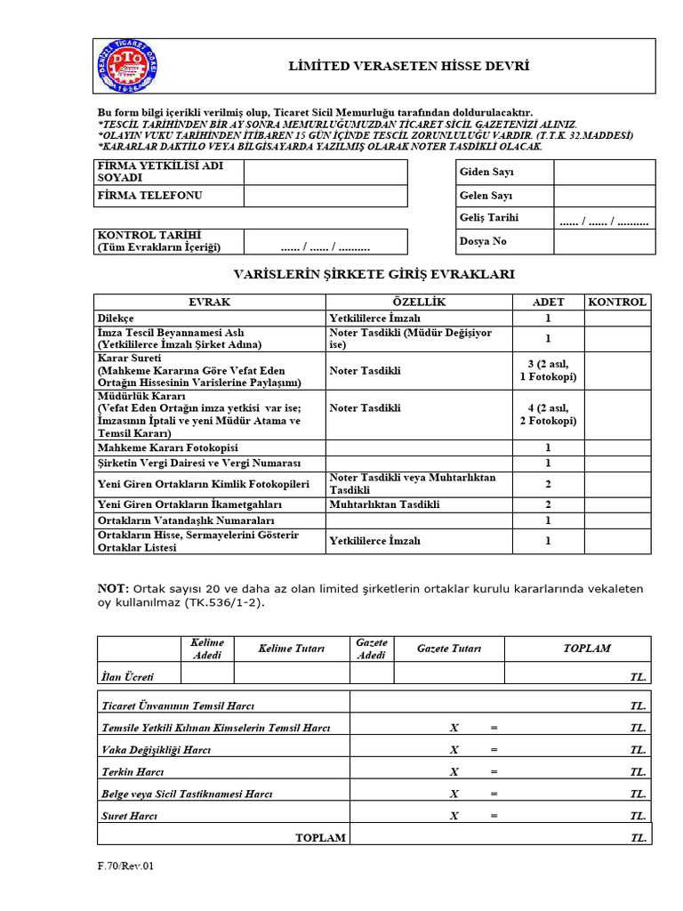 F-70 Limited Şirket Veraseten Hisse Devri | PDF