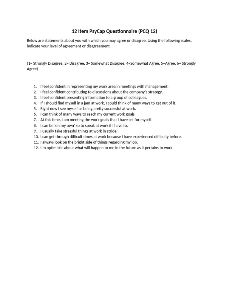 12 Item PsyCap Questionnaire | PDF