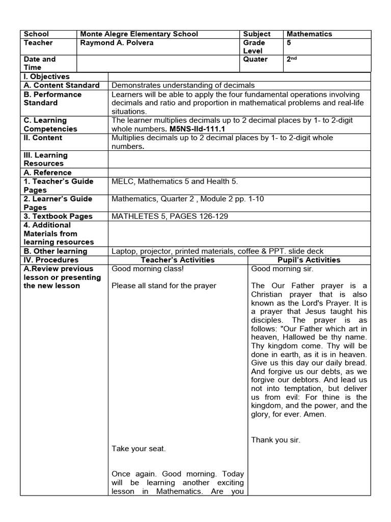 4th Lesson Plan in Math 5 | PDF | Multiplication | Lord's Prayer