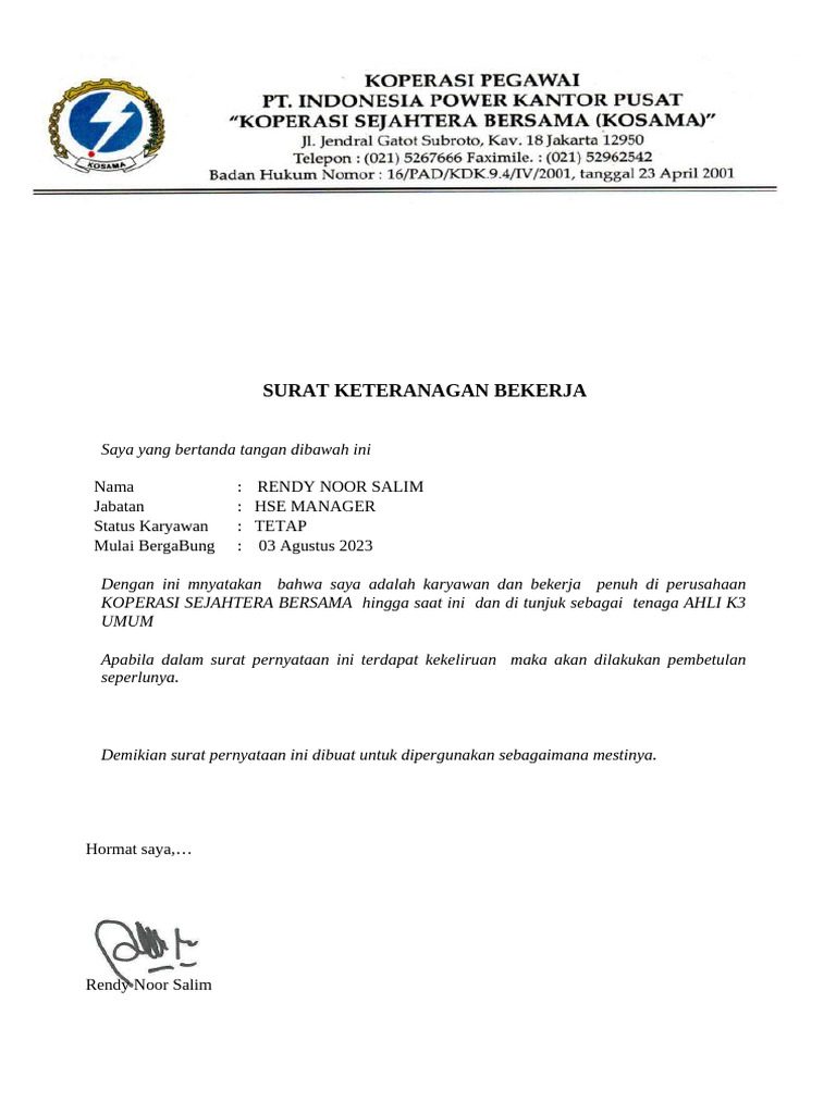 Contoh SURAT PERNYATAAN BEKERJA PENUH | PDF